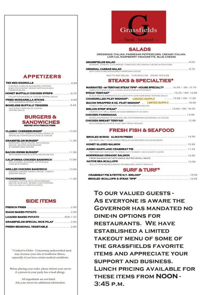 Menu at Grassfields Food & Spirits steakhouse, Andover