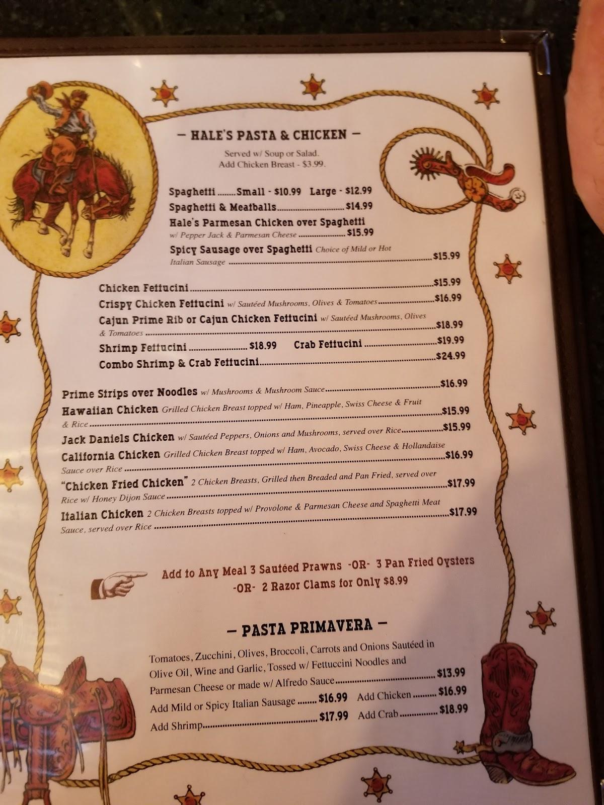 Menu at Hale's Tavern steakhouse, Hermiston