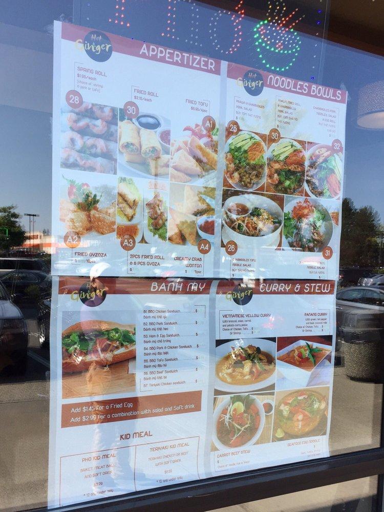 Menu at Hot Ginger Pho restaurant, Lacey