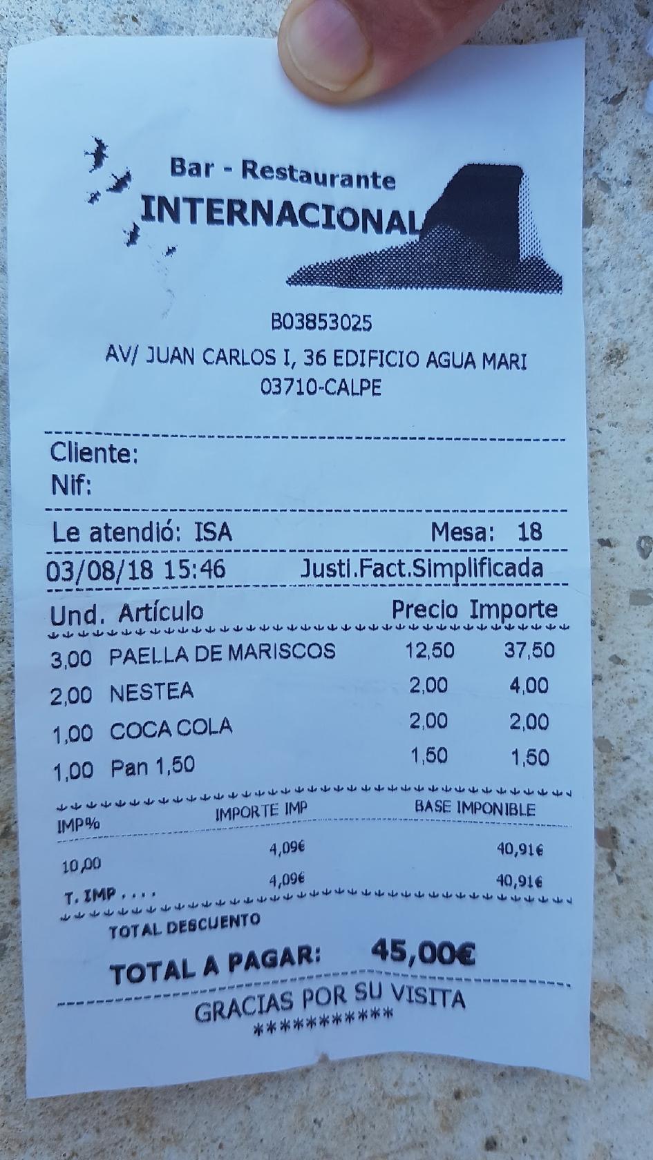 Menu at Internacional Restaurante, Calp