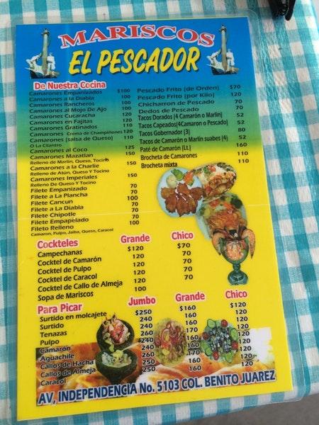 Menu at Mariscos El Pescador restaurant, Mazatlán