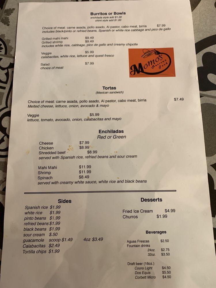 Menu at Momo's on 6th restaurant, Tucson