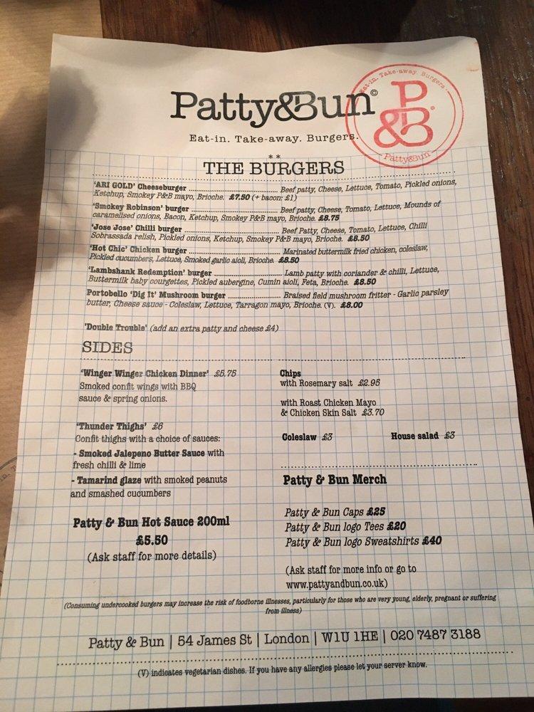 Menu at Patty&Bun restaurant, London, 54 James St