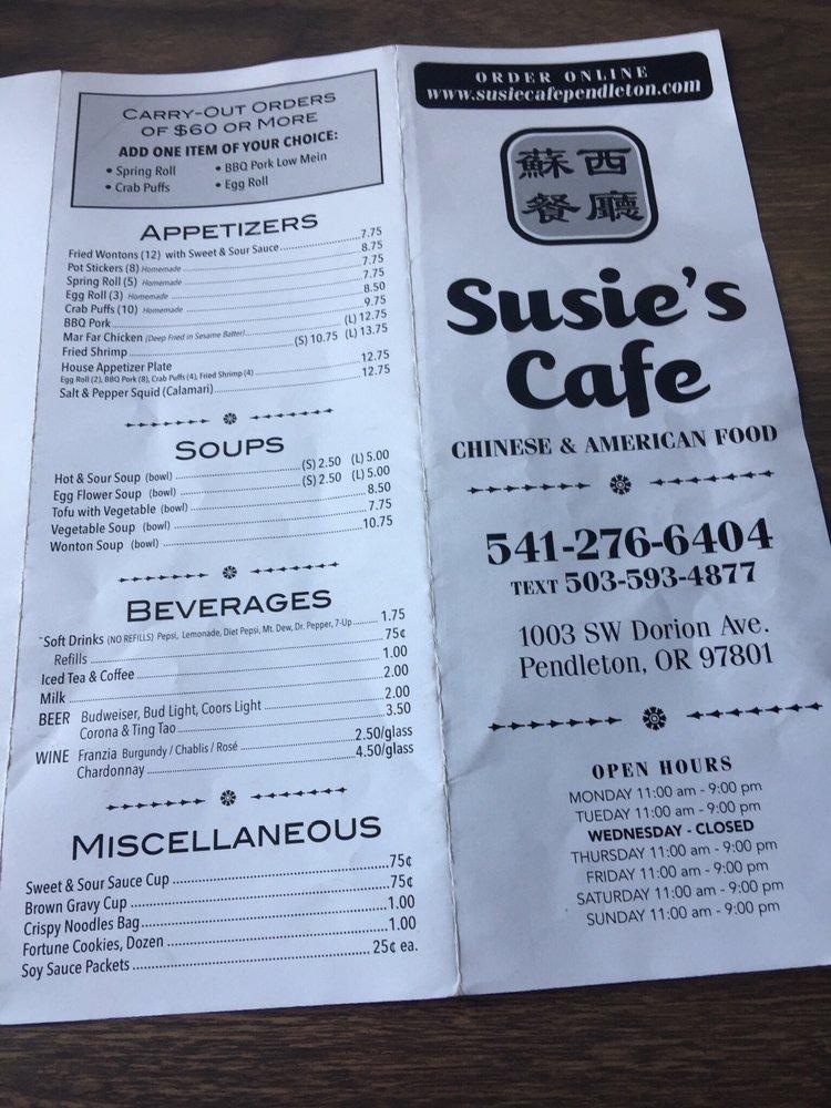 Menu at Susie's Cafe, Pendleton
