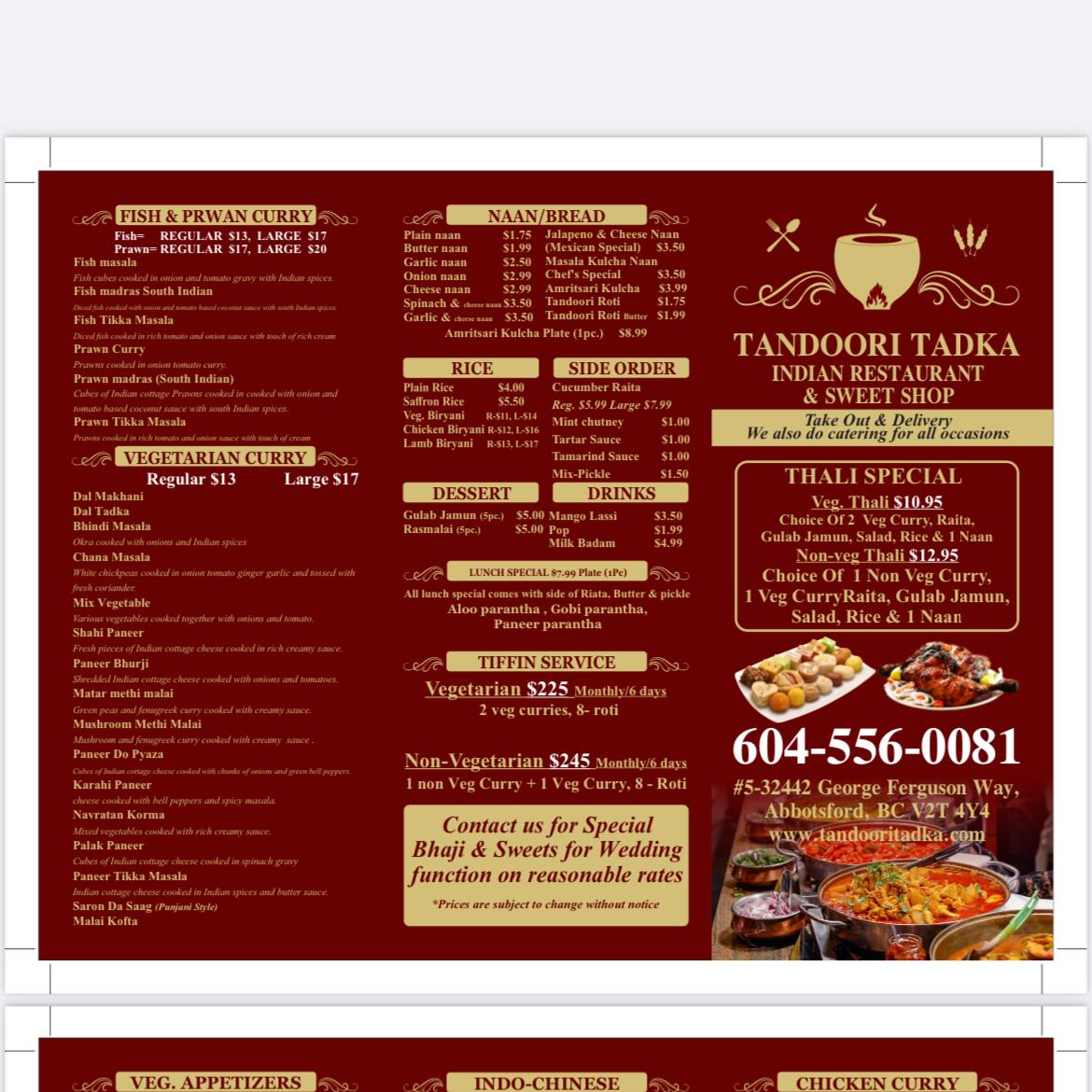 Menu at Tandoori Tadka and Sweet's restaurant, Abbotsford