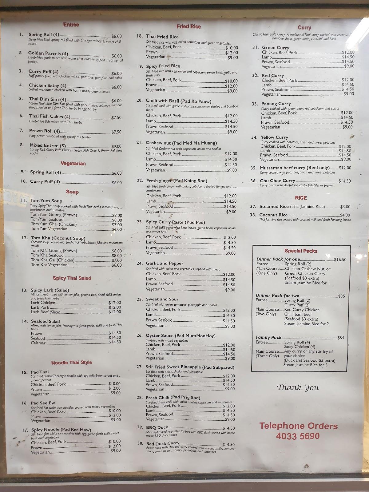 Menu at Thai Bao Luang fast food, Woree