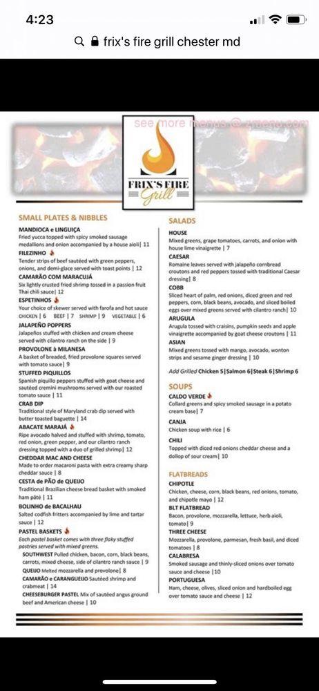 Menu at Frix's Fire Grill restaurant, Chester