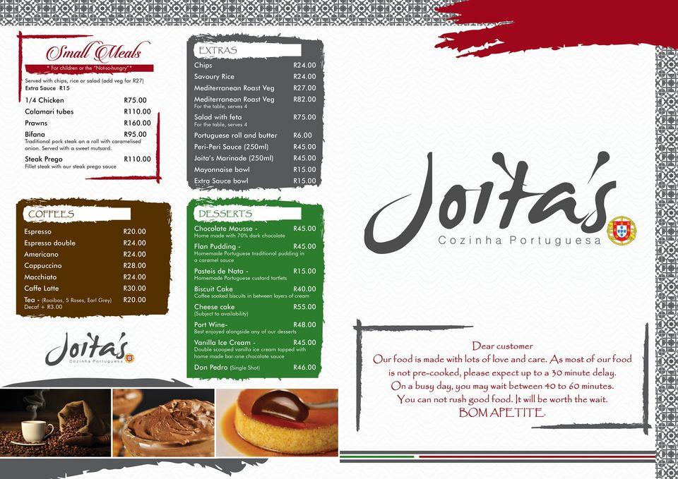 Menu at JOITA’S restaurant, Umhlanga