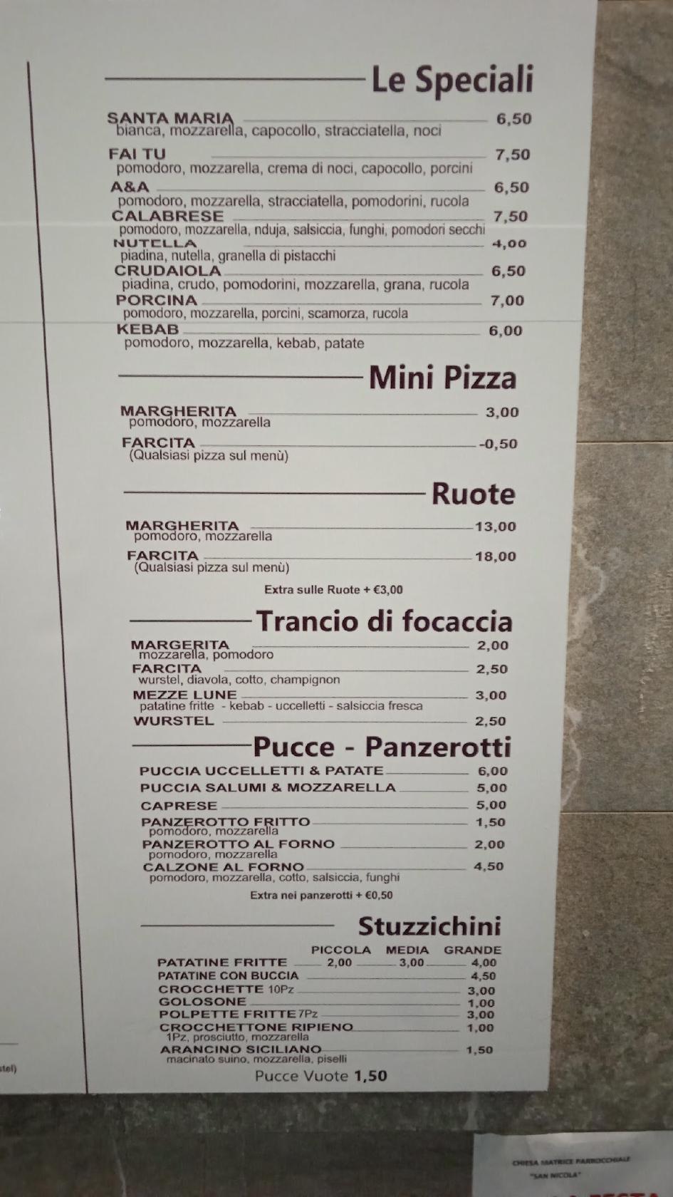 Speisekarte von Pizzeria Santa Maria, Lizzano