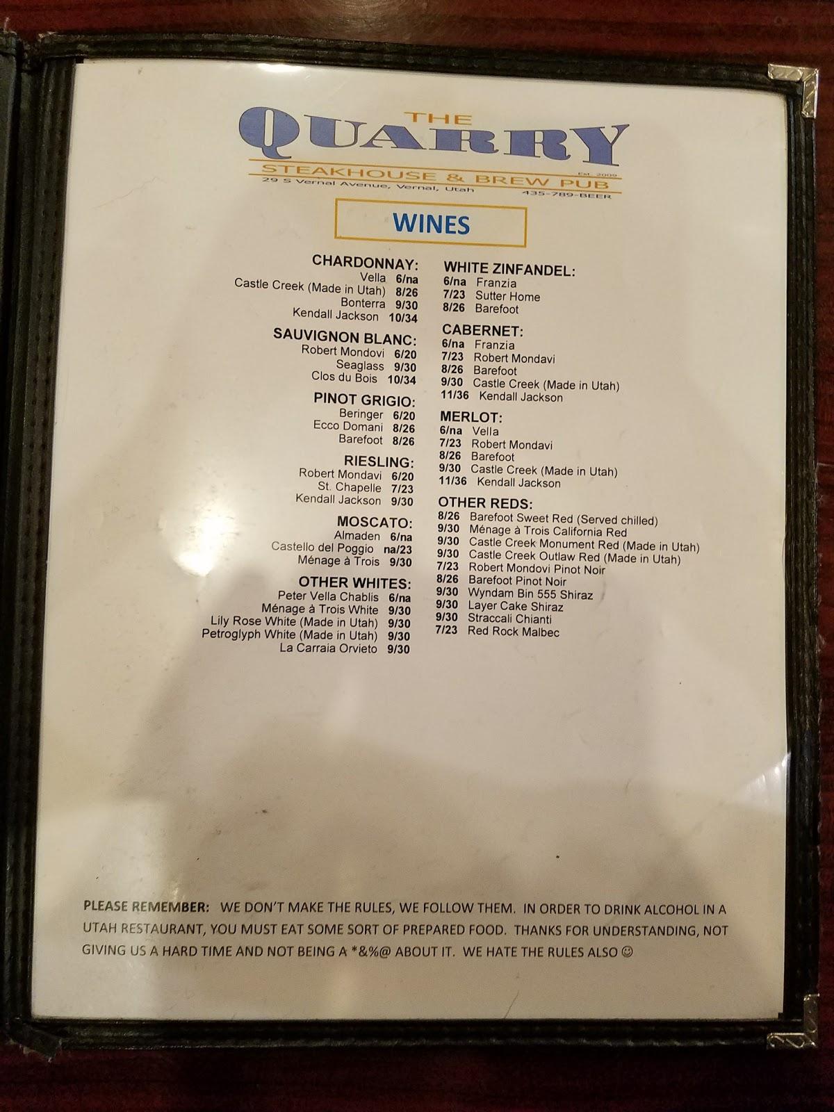 Menu at The Quarry Steakhouse & Brew Pub, Vernal