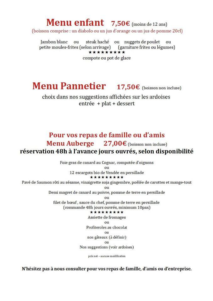 Menu au Auberge de Maître Pannetier pub et bar, Vouvant