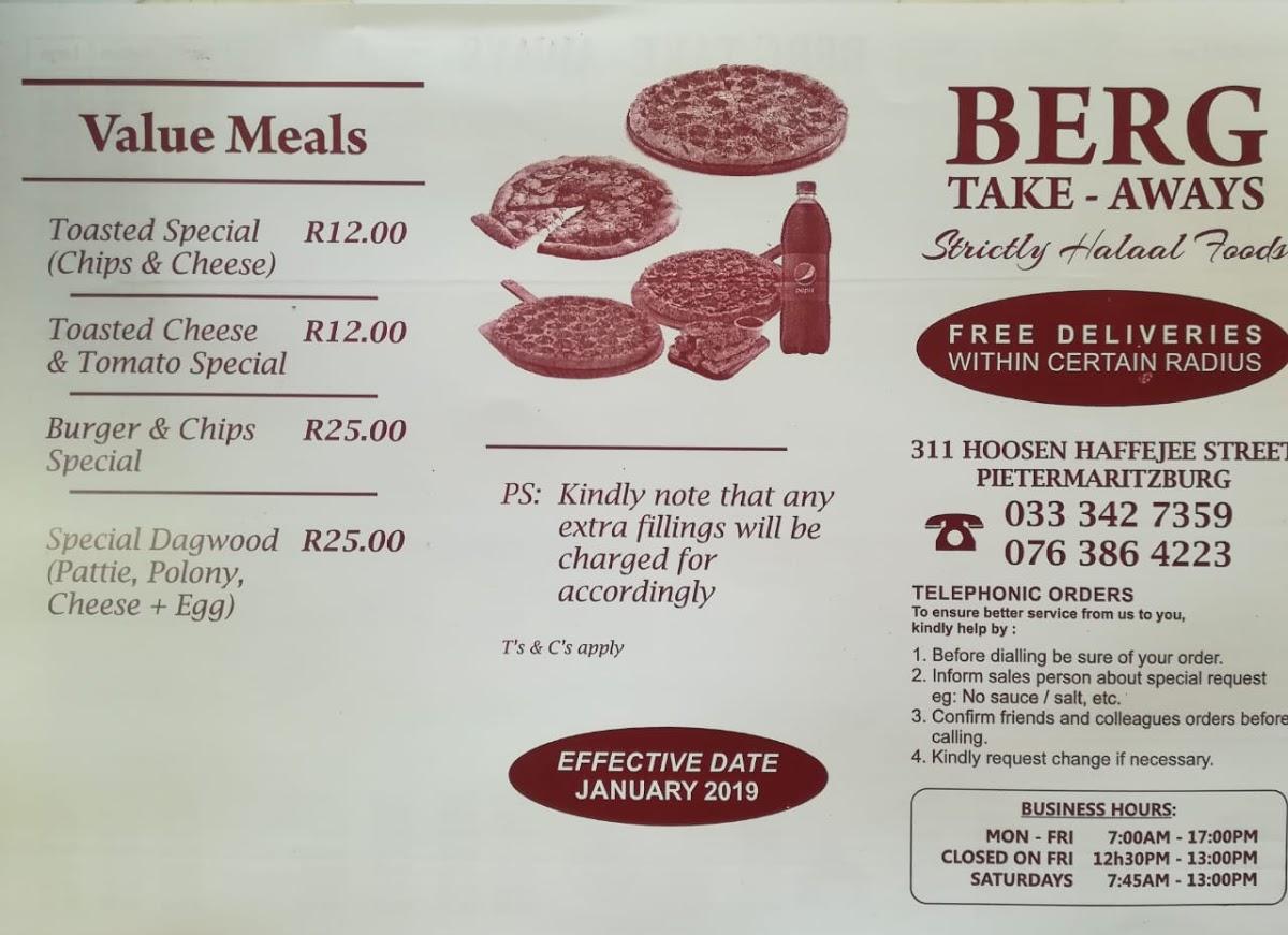 Menu at Berg Take-Aways cafe, Pietermaritzburg