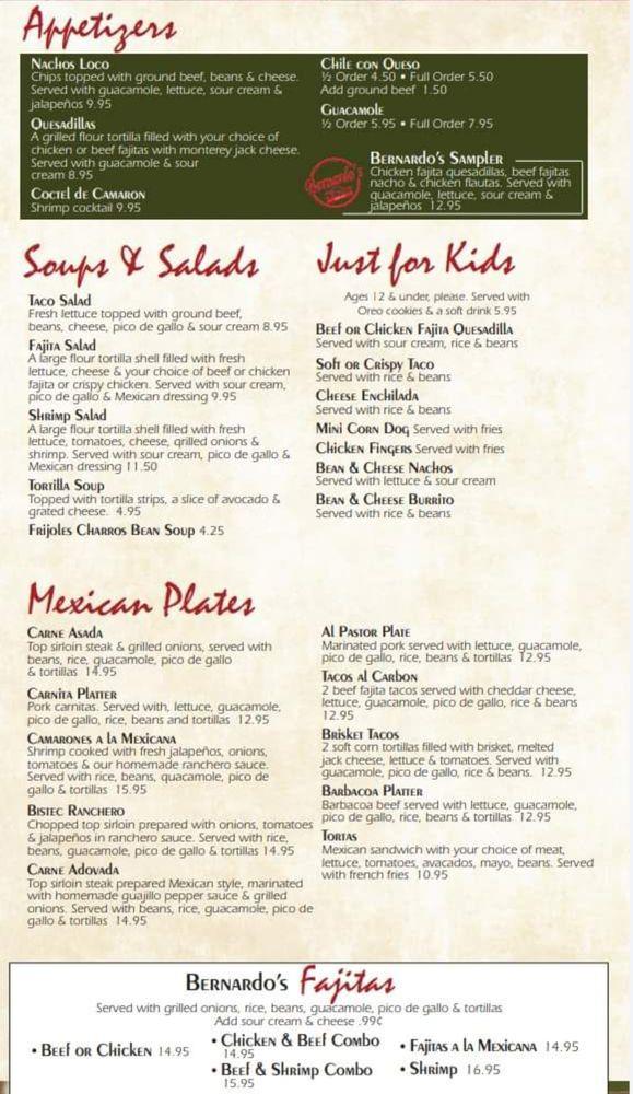 Menu at Bernardo's Fresh Mexican Grill restaurant, Fort Worth