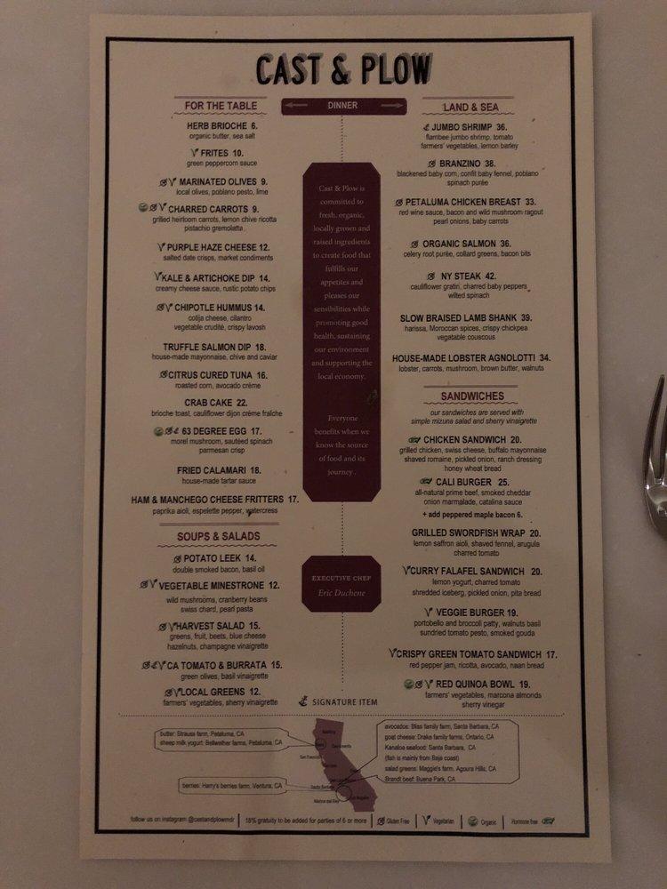 Menu at Cast & Plow restaurant, Marina del Rey