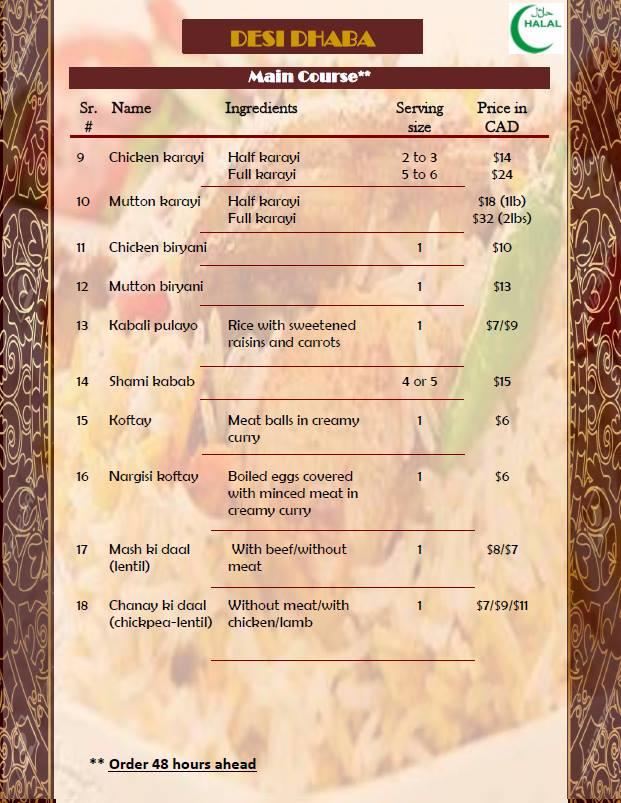 Menu at Desi Dhaba - Halal restaurant, Edmonton