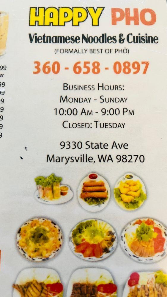 Menu at Happy Phở restaurant, Marysville