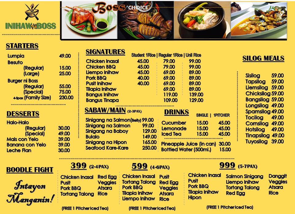 Menu at Inihaw ni Boss restaurant, Cauayan City