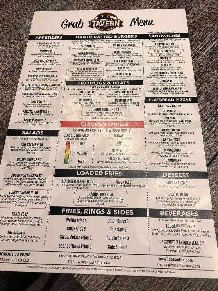 Menu at Lookout Tavern pub & bar, Phoenix
