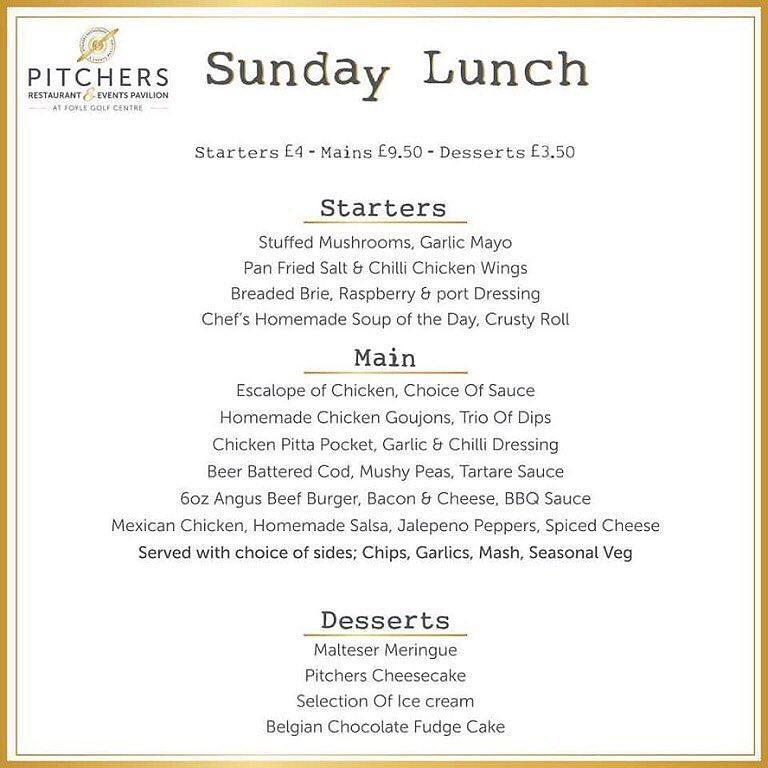 Menu at Pitchers Restaurant & Events Pavilion, Londonderry