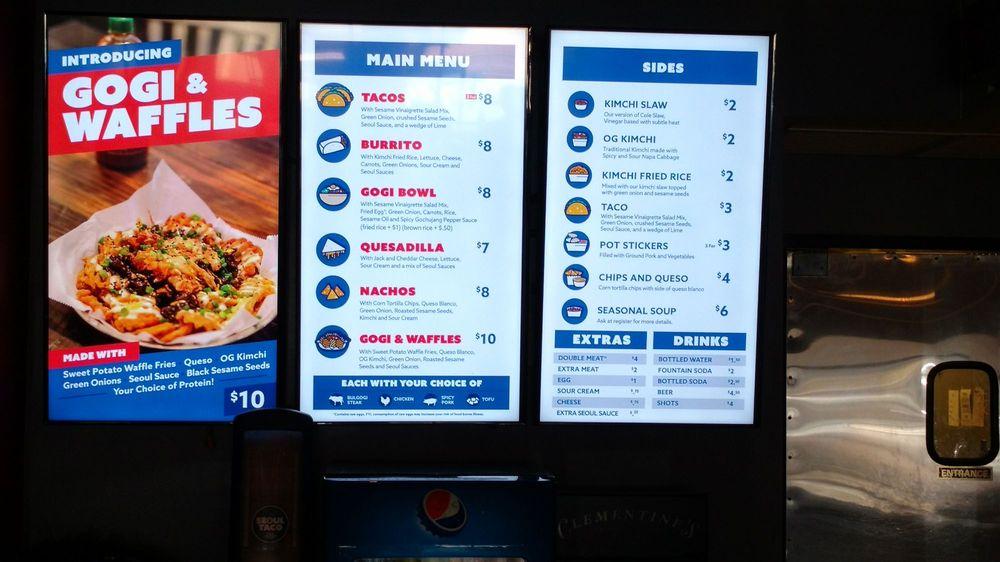 Menu at Seoul Taco restaurant, University City, Delmar Blvd