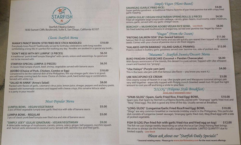 Carta del restaurante Starfish Filipino Eatery, San Diego