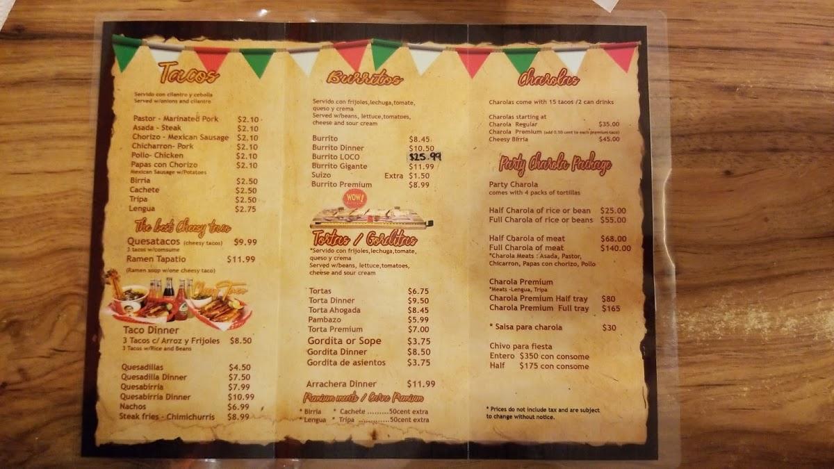 Menu at Taqueria Mi Jalisco restaurant, East Chicago