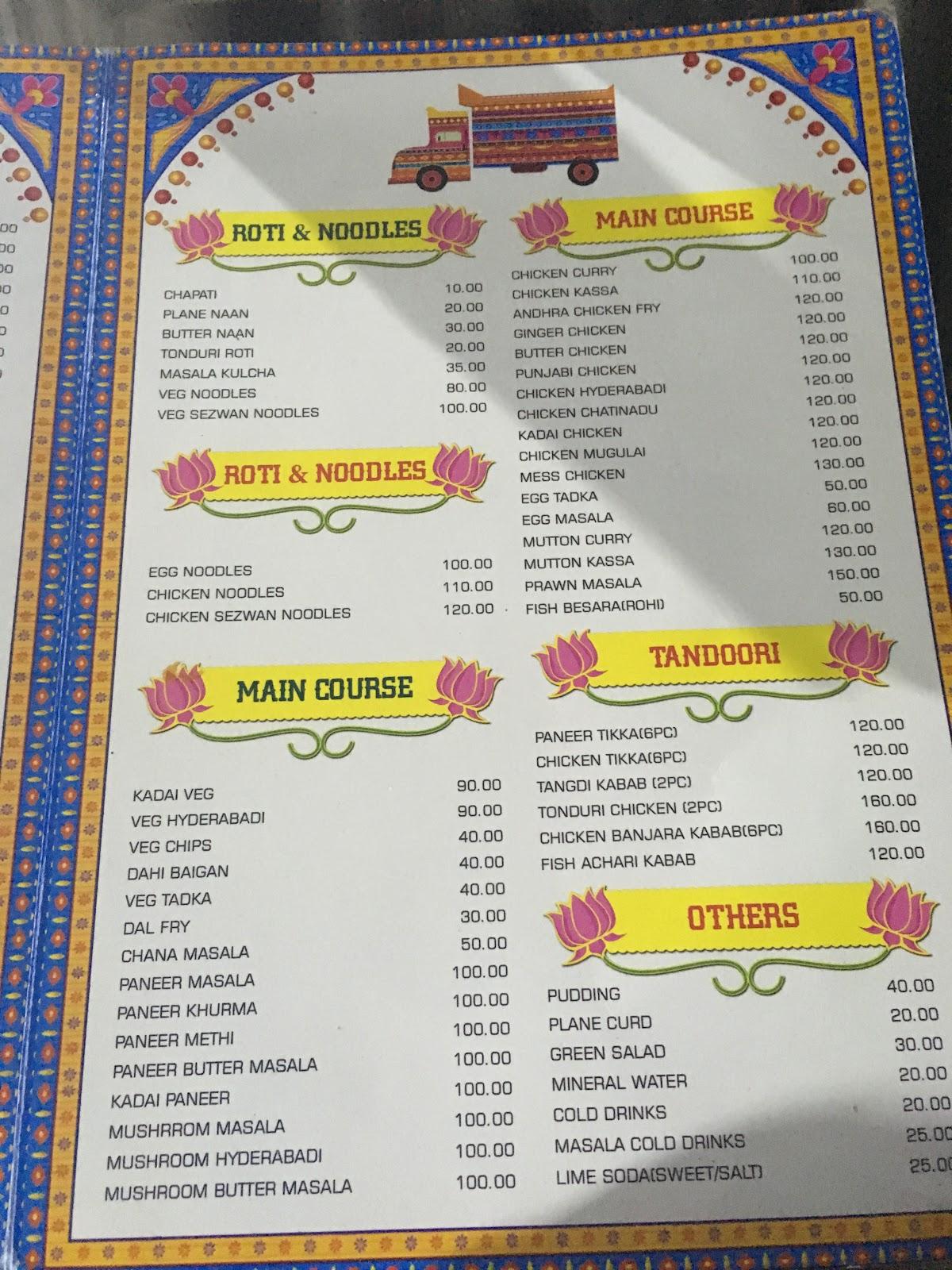Menu at Urban dhaba, Brahmapur, bypass