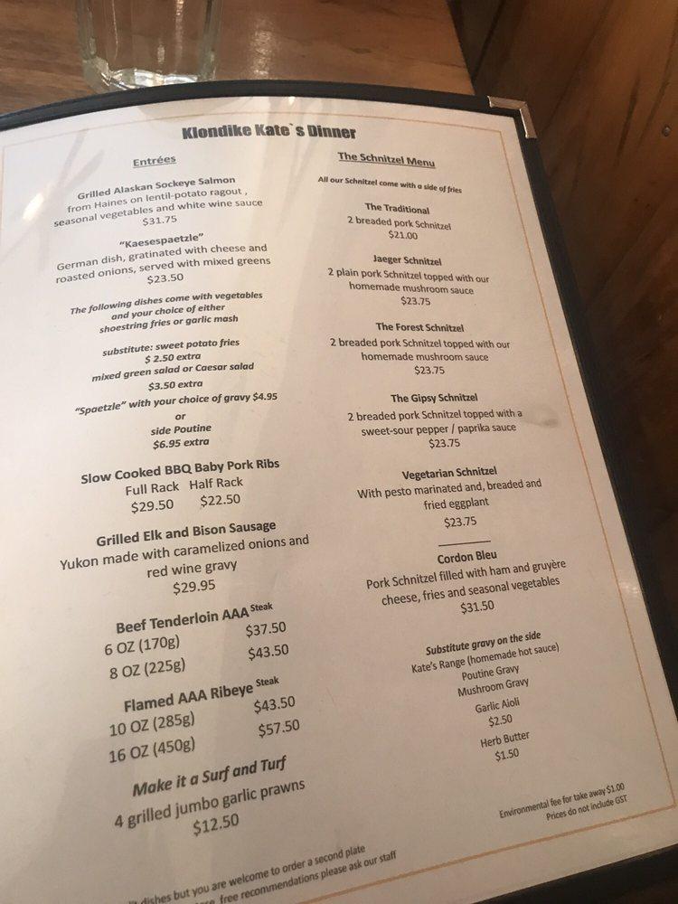 Menu at Klondike Kate's Restaurant, Dawson