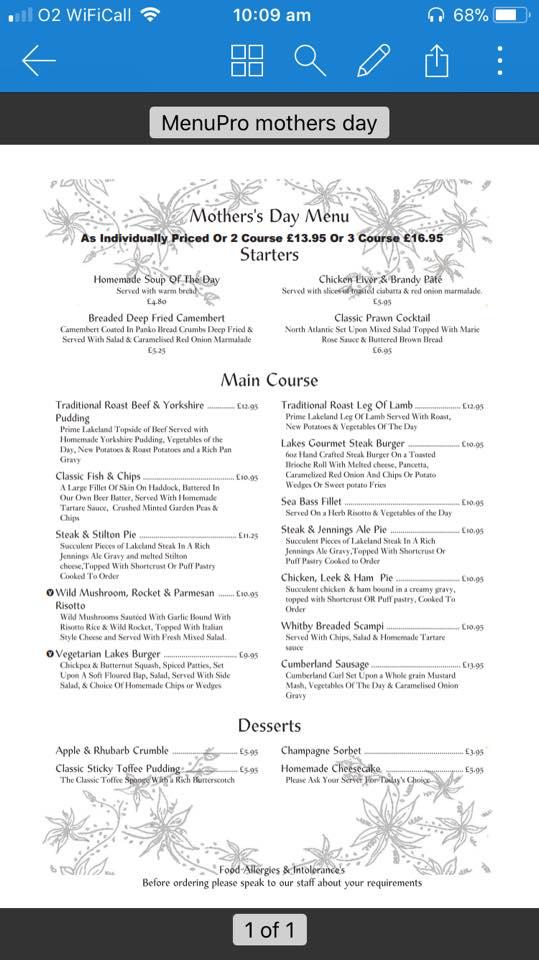 Menu at Lakes Bar & Bistro, Keswick