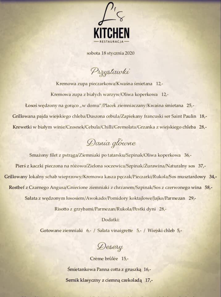 Menu at L's Kitchen restaurant, Mragowo