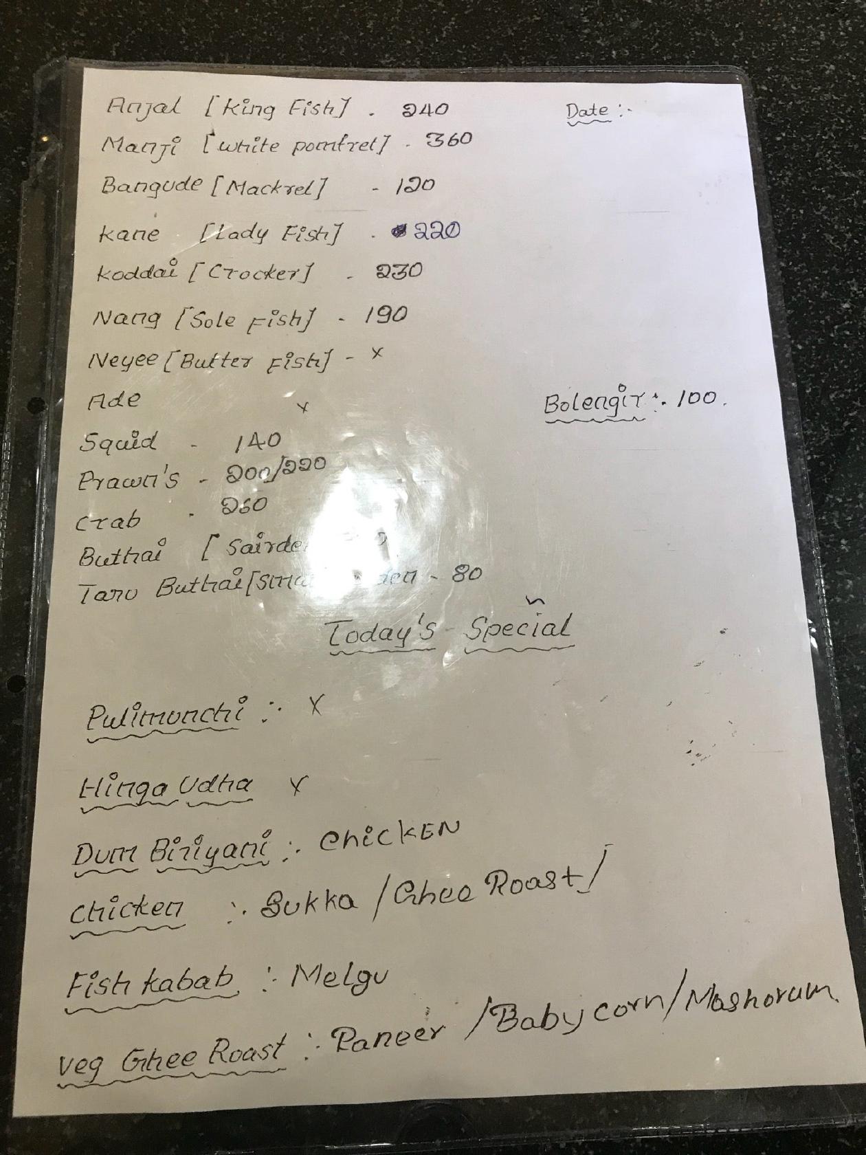 Menu at Machali, Mangaluru
