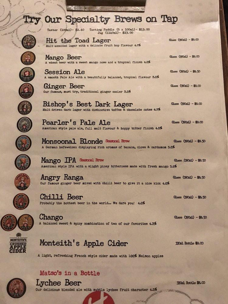 Menu at Matso's Broome Brewery restaurant, Broome, 60 Hamersley St