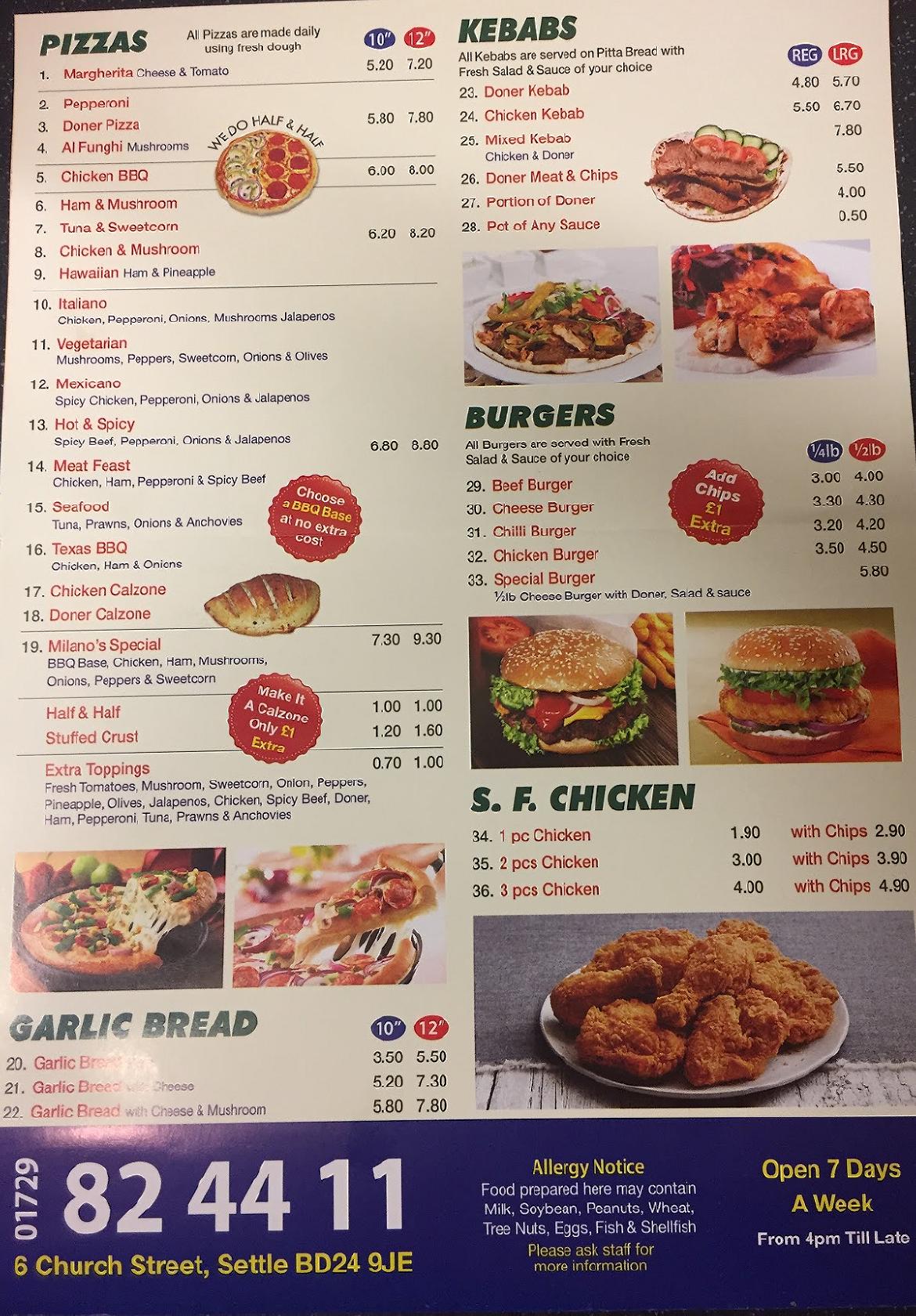 Menu at Milano pizzas pizzeria, Settle