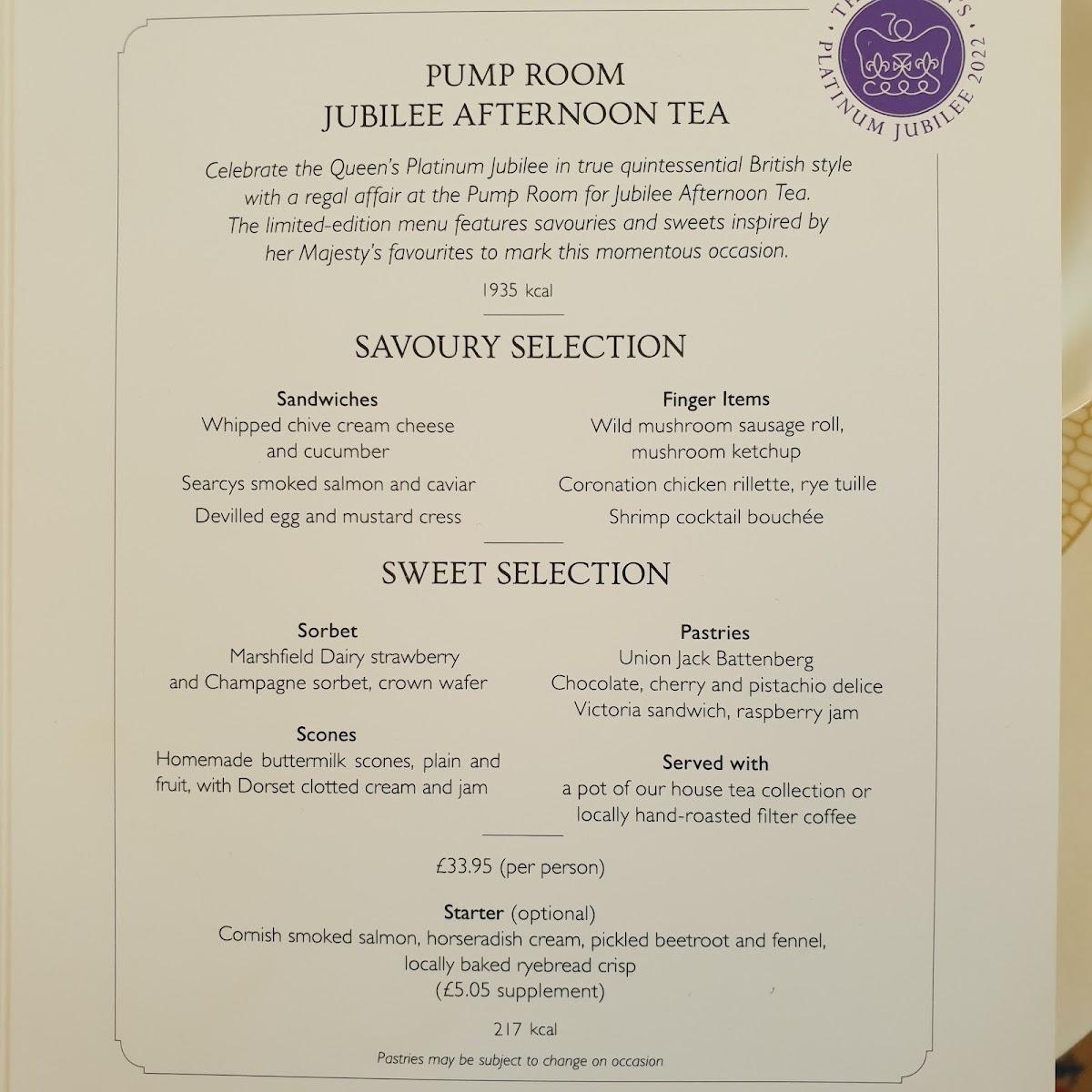 Menu at The Pump Room Restaurant, Bath