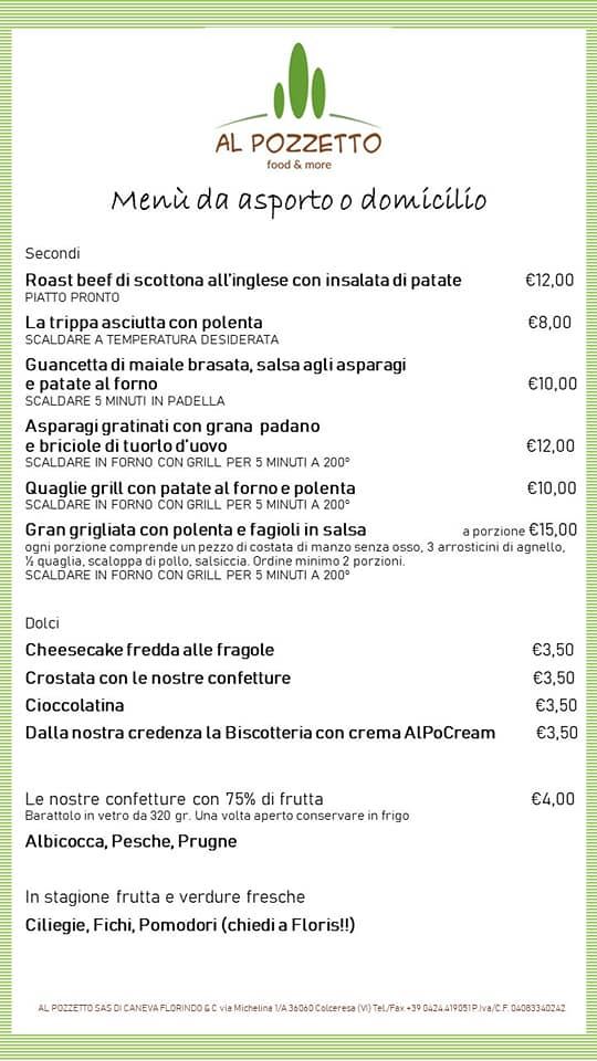 Menu da Al Pozzetto ristorante, Molvena