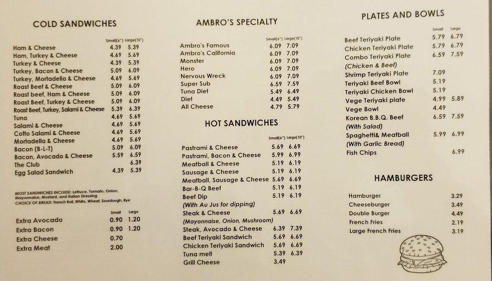 Menu at Ambros Sandwich restaurant, San Dimas