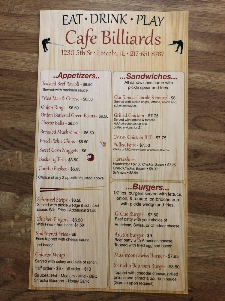 Menu at Cafe Billiards, Lincoln