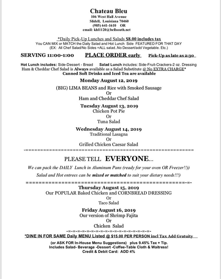 Menu at Chateau Bleu Caterers restaurant, Slidell