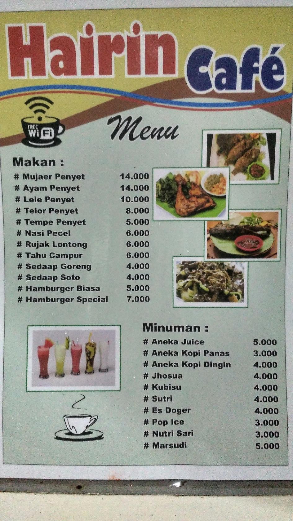 Menu at HAIRIN Cafe, Senduro