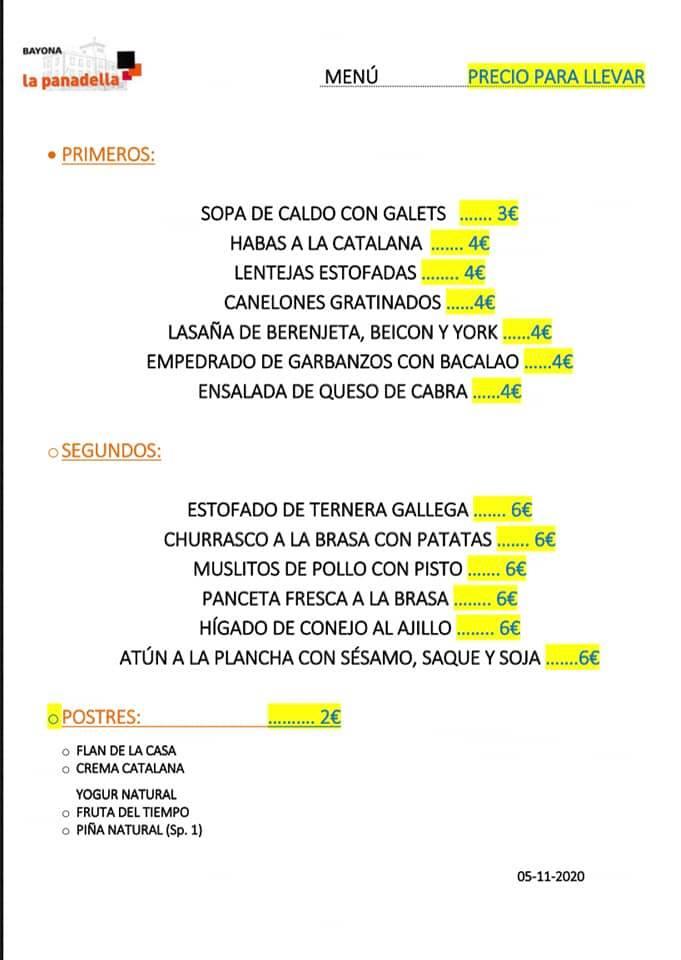 Carta del restaurante Bayona-la Panadella, Montmaneu