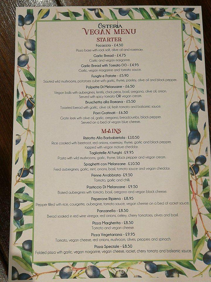 Menu at Osteria Italian Restaurant, Hull