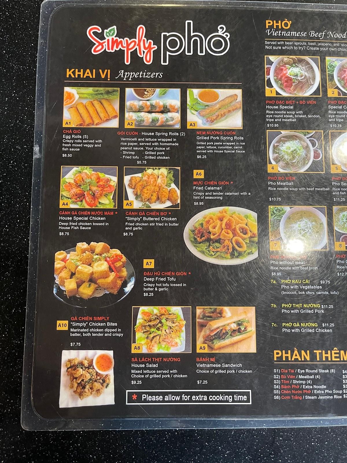 Menu at Simply Pho Noodle House restaurant, Orange