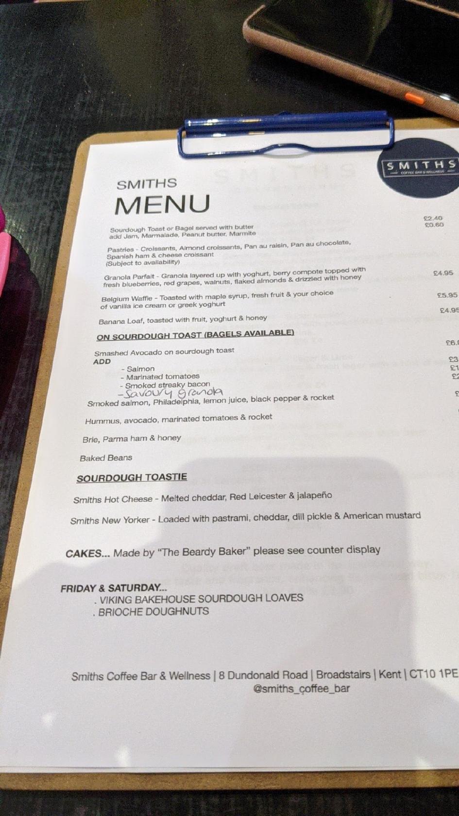 Menu at Smiths Coffee Shop cafe, Broadstairs