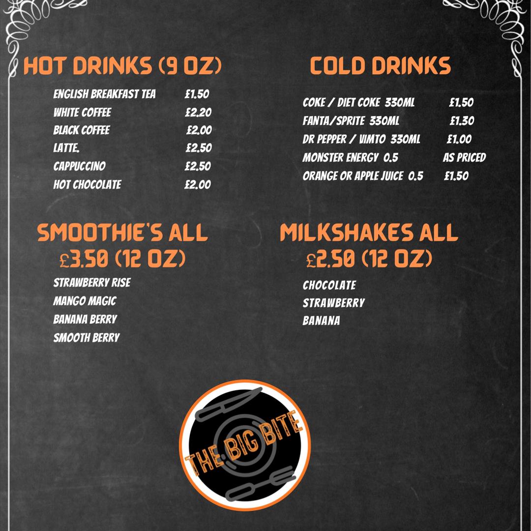 Menu at The Big Bite cafe, Lutterworth