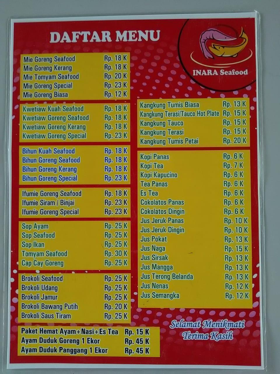 Carta del restaurante Inara Seafood, Pangkalan Kerinci Kota