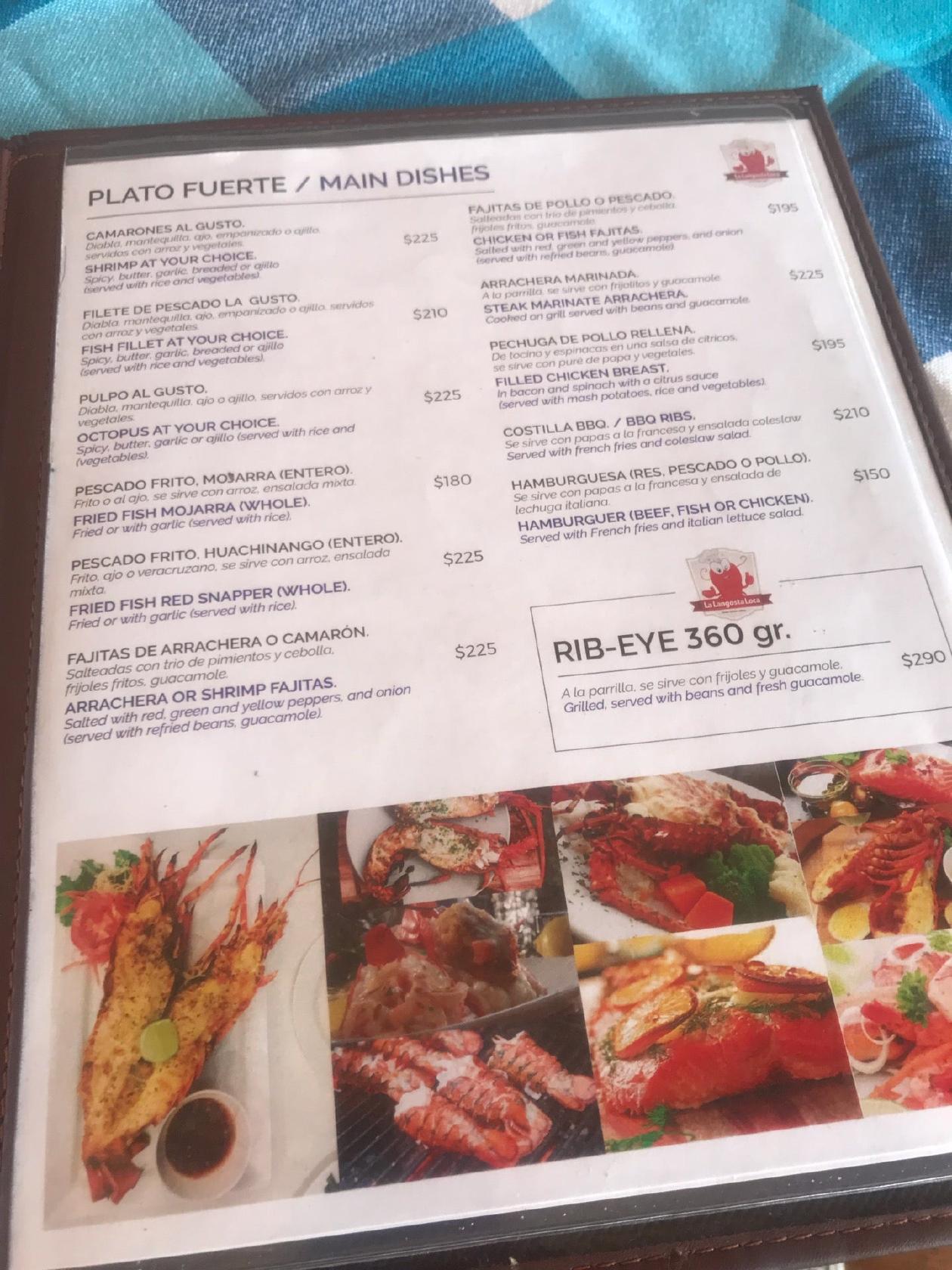 Menu at La Langosta Loca restaurant, Puerto Vallarta