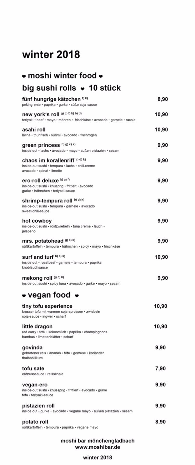 Speisekarte von Moshi Bar - Mönchengladbach, Mönchengladbach