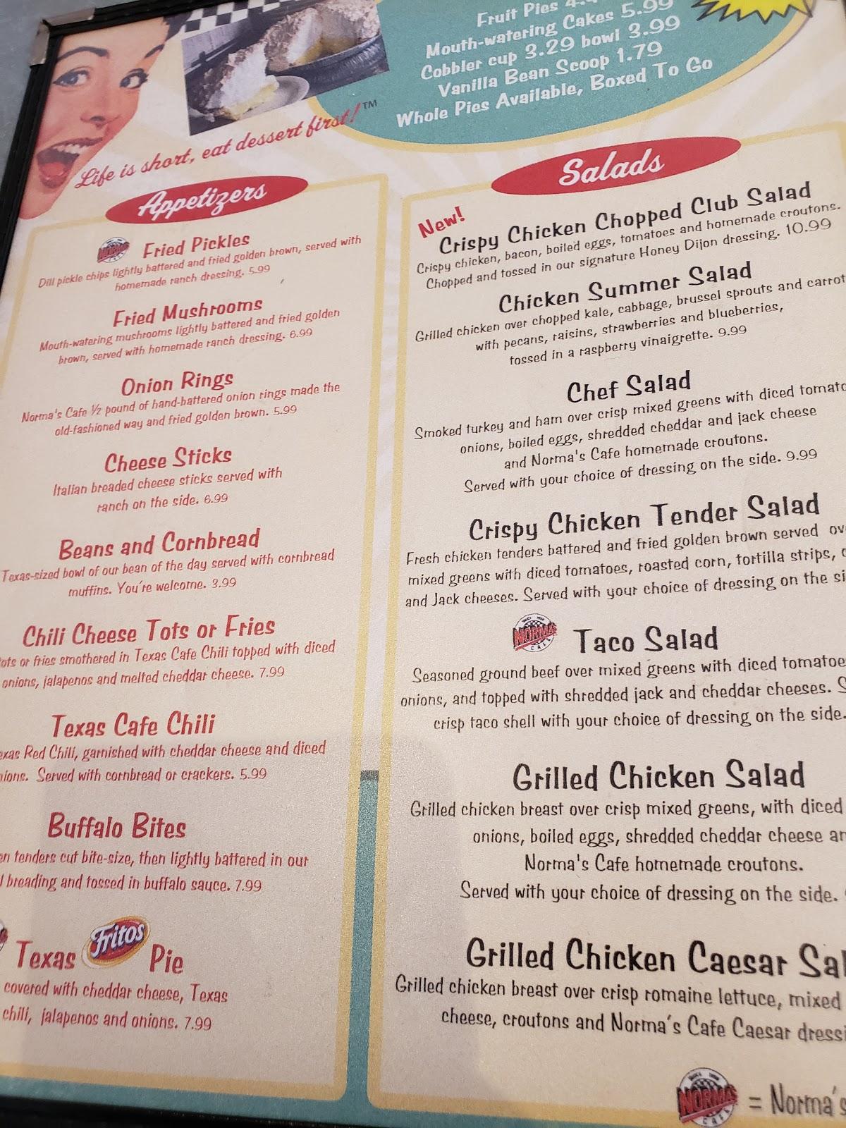 Menu at Norma's Cafe, Plano