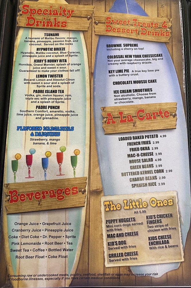 Menu at Tom and Jerry's BBQ, South Padre Island
