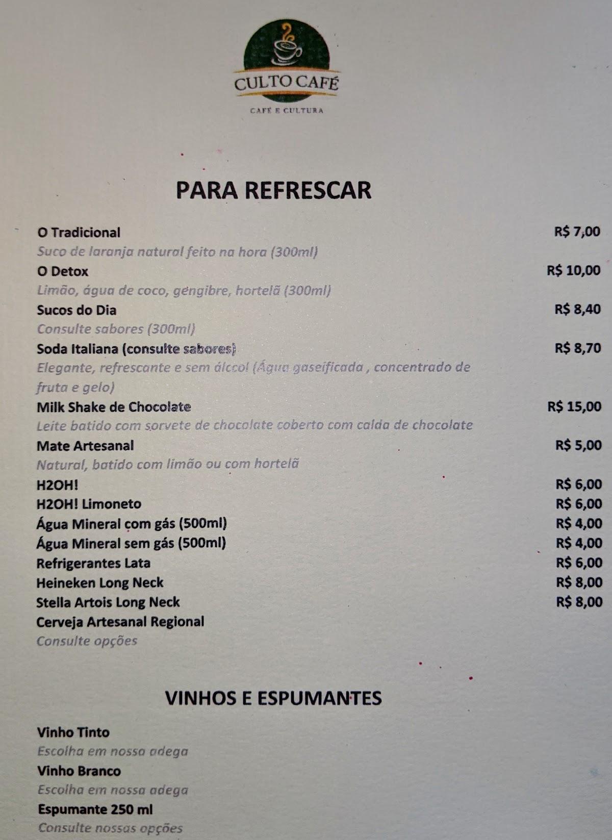 Menu em Culto Café, Itatiaia